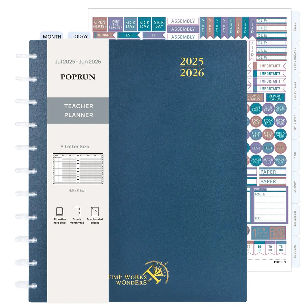 POPRUN 8.5x11 Teacher Planner 2025-2026 - Disc-Bound
